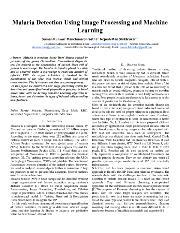 Pdf Malaria Detection Using Image Processing And Machine Learning Suman Kunwar