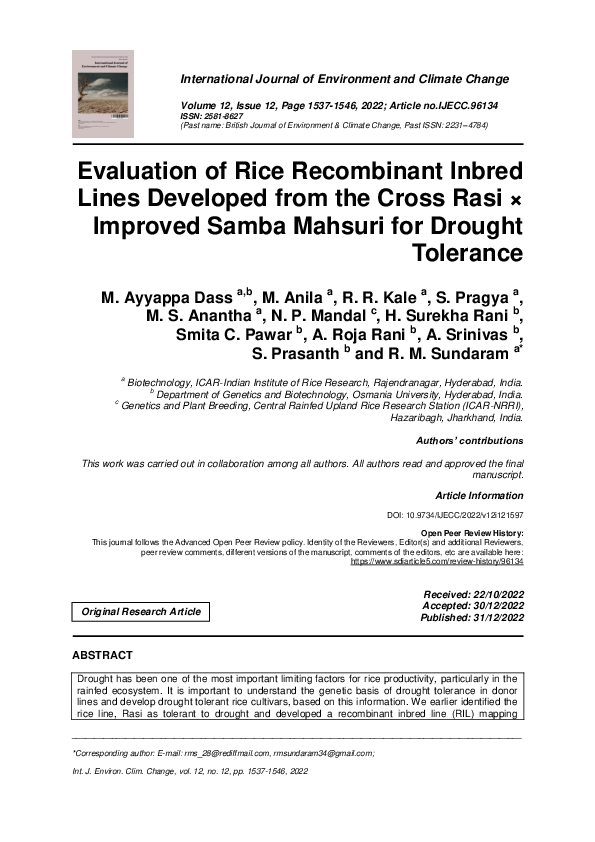 (PDF) Evaluation of Rice Recombinant Inbred Lines Developed from the ...