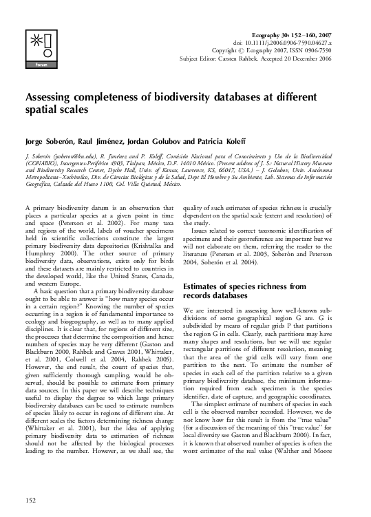 (PDF) Assessing completeness of biodiversity databases at different spatial scales