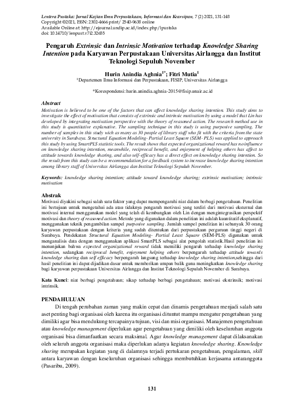 (PDF) Pengaruh Extrinsic dan Intrinsic Motivation terhadap Knowledge Sharing Intention pada ...