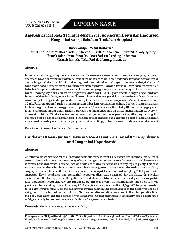 (PDF) Anestesi Kaudal pada Neonatus dengan Suspek Sindrom Down dan ...
