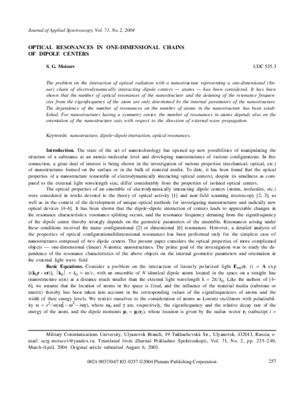(PDF) Optical resonances in one-dimensional chains of dipole centers
