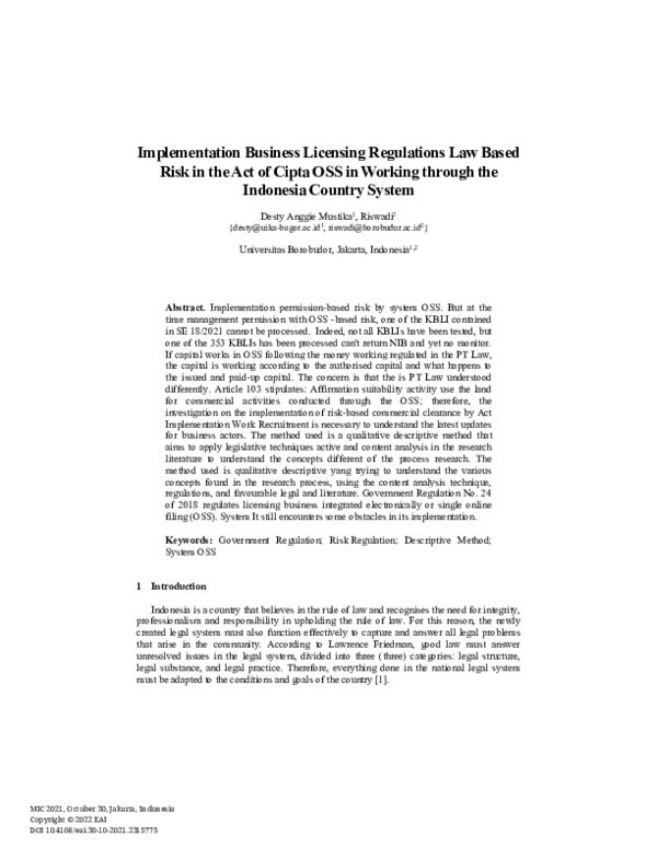 (PDF) Implementation Business Licensing Regulations Law Based Risk in ...