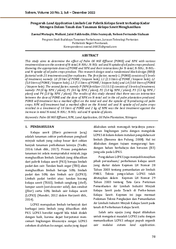(PDF) Pengaruh Land Application Limbah Cair Pabrik Kelapa Sawit terhadap Kadar Nitrogen Dalam ...
