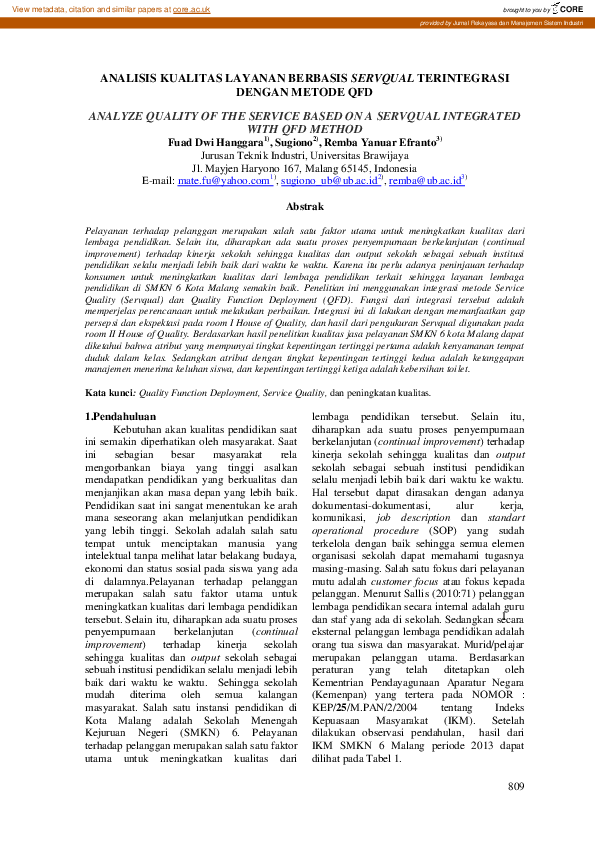 (PDF) Analisis Kualitas Layanan Berbasis Servqual Terintegrasi Dengan Metode QFD