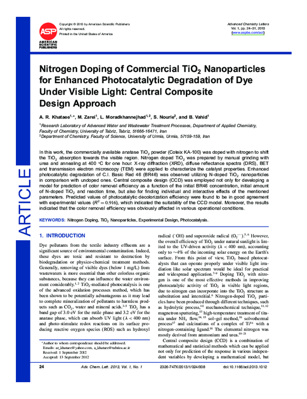 Pdf Nitrogen Doping Of Commercial Tio2 Nanoparticles For Enhanced Photocatalytic Degradation