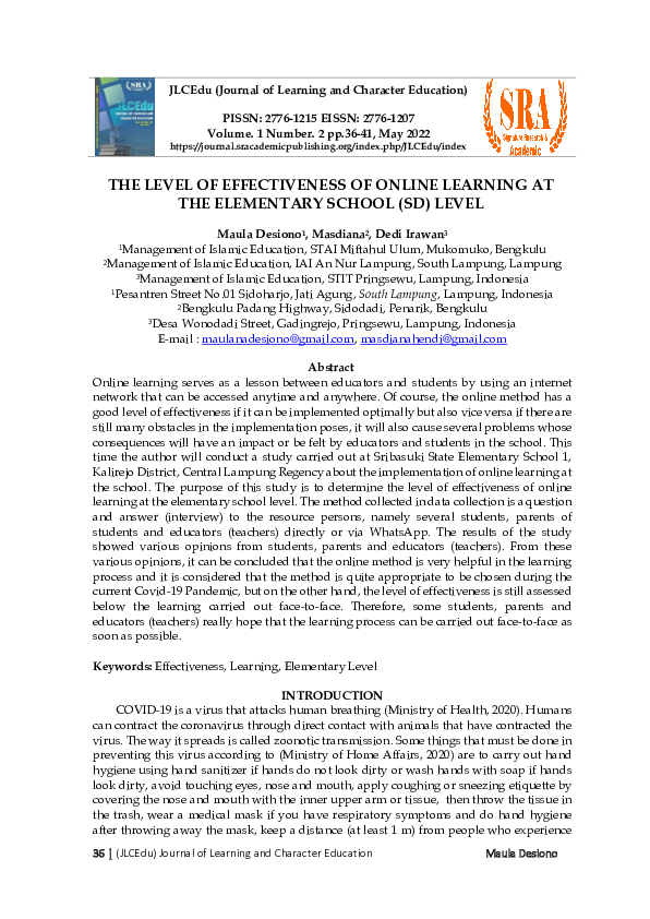 (PDF) The Level of Effectiveness of Online Learning at the Elementary ...