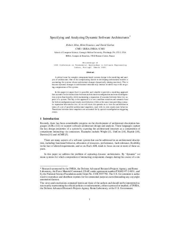 Pdf Specifying And Analyzing Dynamic Software Architectures