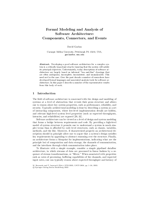 (PDF) Formal Modeling and Analysis of Software Architecture: Components, Connectors, and Events