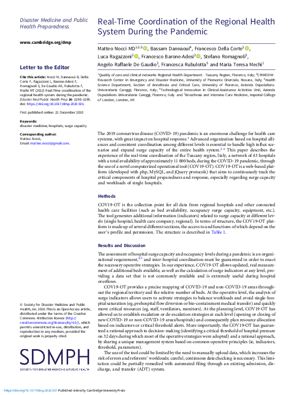 Pdf Real Time Coordination Of The Regional Health System During The