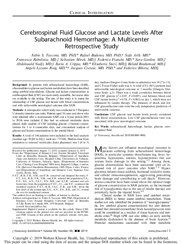 (PDF) Cerebrospinal Fluid Glucose and Lactate Levels After Subarachnoid ...