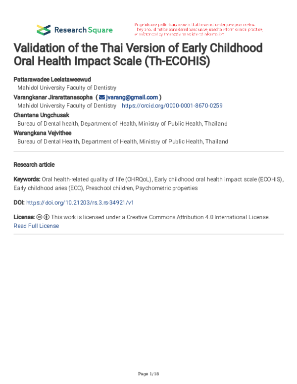 (PDF) Validation of the Thai Version of Early Childhood Oral Health ...