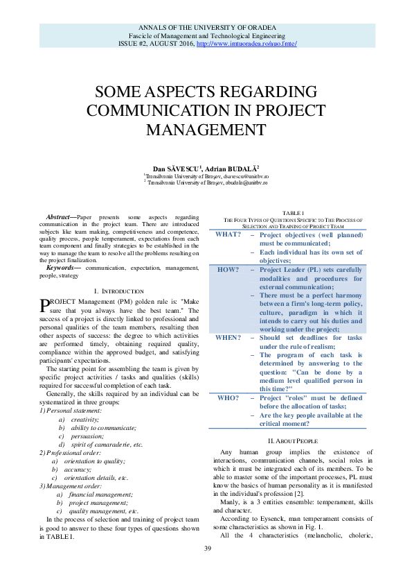 (PDF) Some Aspects Regarding Communication in Project Management