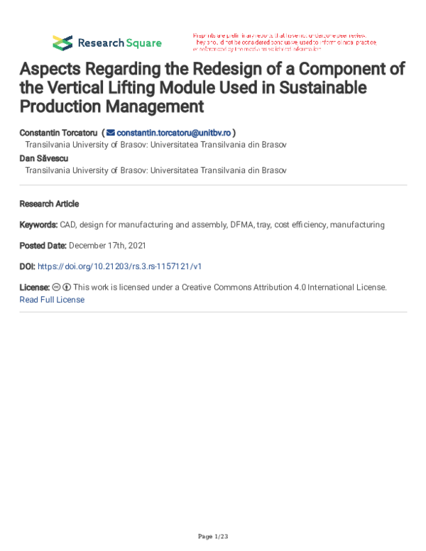(PDF) Aspects Regarding the Redesign of a Component of the Vertical Lifting Module Used in ...