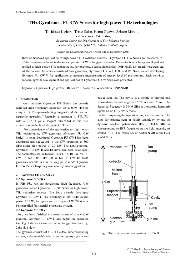 (PDF) THz Gyrotron FU CW Series for high power THz technologies