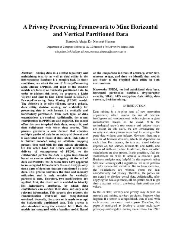Doc A Privacy Preserving Framework To Mine Horizontal And Vertical Partitioned Data Kamlesh 0197