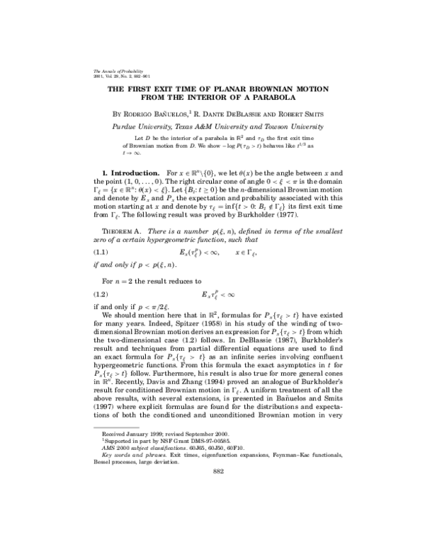 (PDF) The First Exit Time of Planar Brownian Motion from The Interior ...