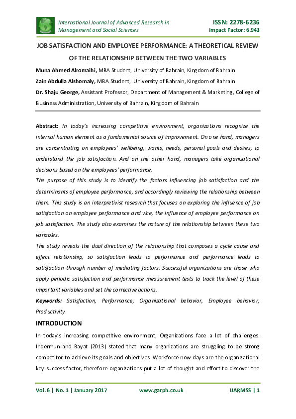 (PDF) Job Satisfaction and Employee Performance : A Theoretical Review of the Relationship ...