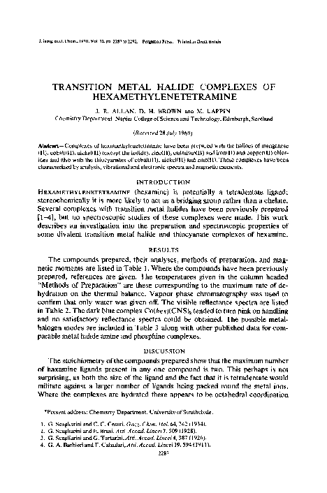 (PDF) Transition metal halide complexes of hexamethylenetetramine