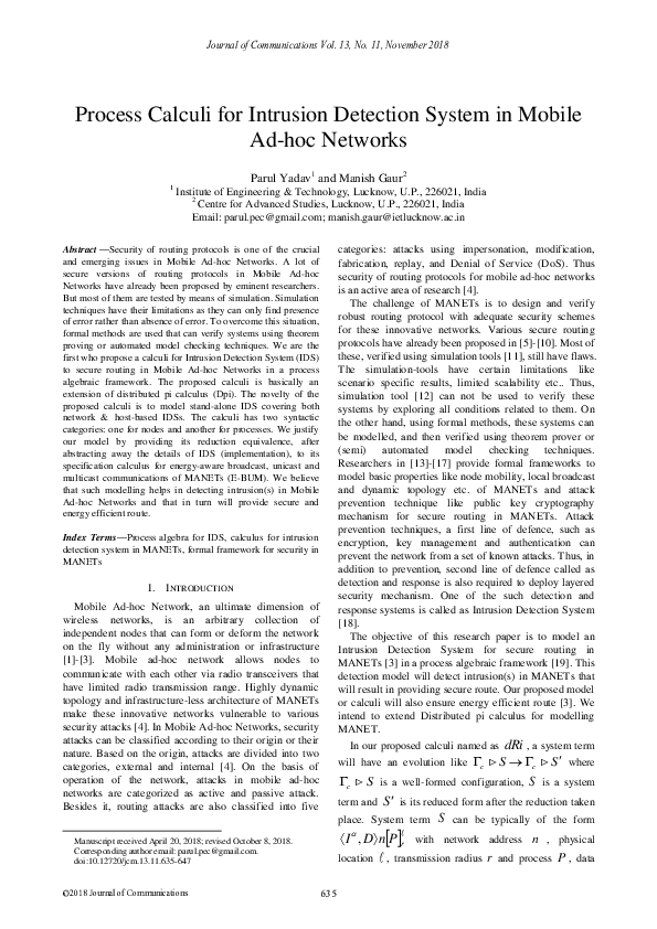 (PDF) Process Calculi for Intrusion Detection System in Mobile Ad-hoc ...
