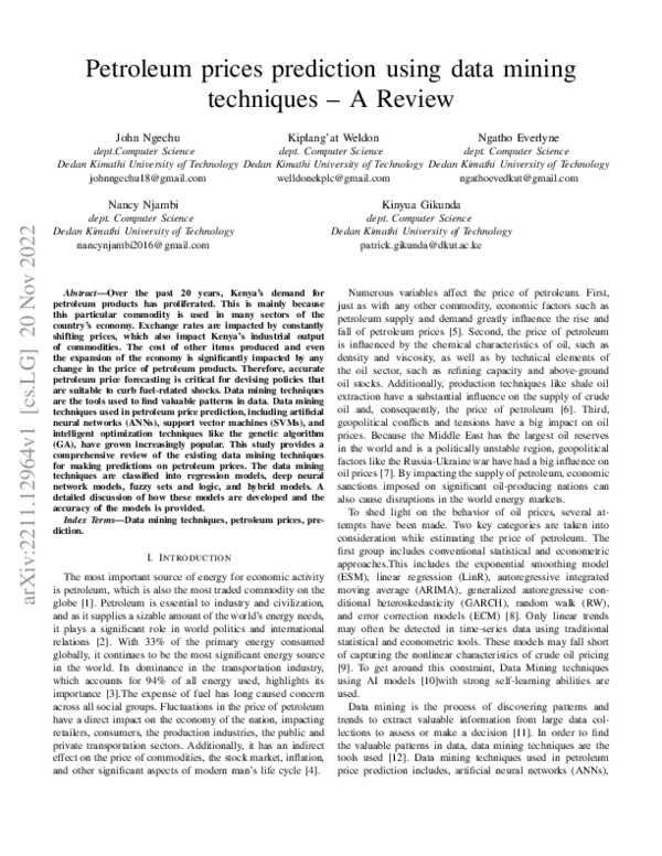 (PDF) Petroleum prices prediction using data mining techniques -- A Review
