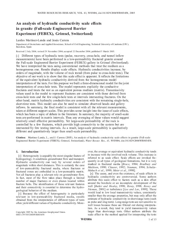 (PDF) An analysis of hydraulic conductivity scale effects in granite (Full-scale Engineered ...