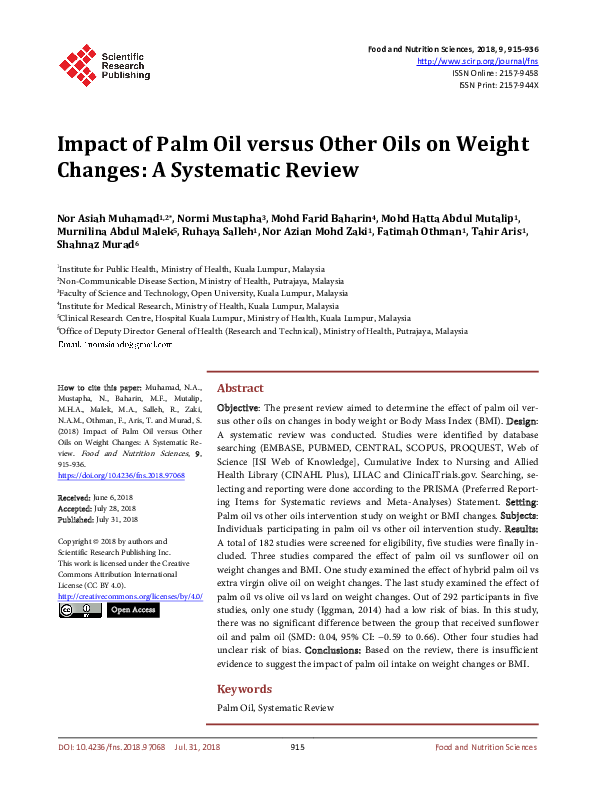 (PDF) Impact of Palm Oil versus Other Oils on Weight Changes: A ...