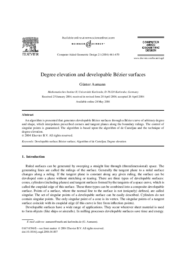 (PDF) Degree elevation and developable Bézier surfaces