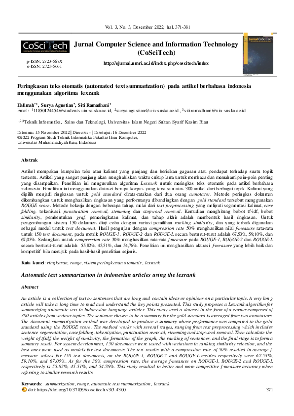 (PDF) Peringkasan teks otomatis (automated text summarization) pada ... (PDF) Peringkasan teks otomatis (automated text summarization) pada ...