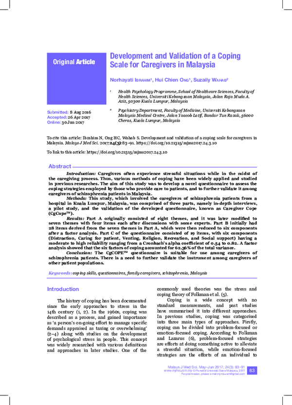 (PDF) Development and Validation of a Coping Scale for Caregivers in Malaysia
