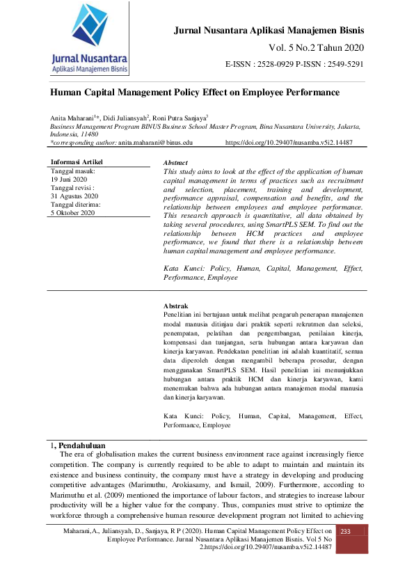(PDF) Human Capital Management Policy Effect on Employee Performance