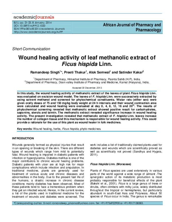 (PDF) Wound healing activity of leaf methanolic extract of Ficus ...