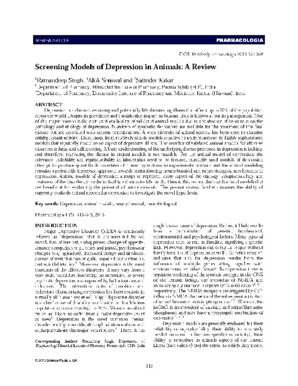 (PDF) Screening Models of Depression in Animals: A Review
