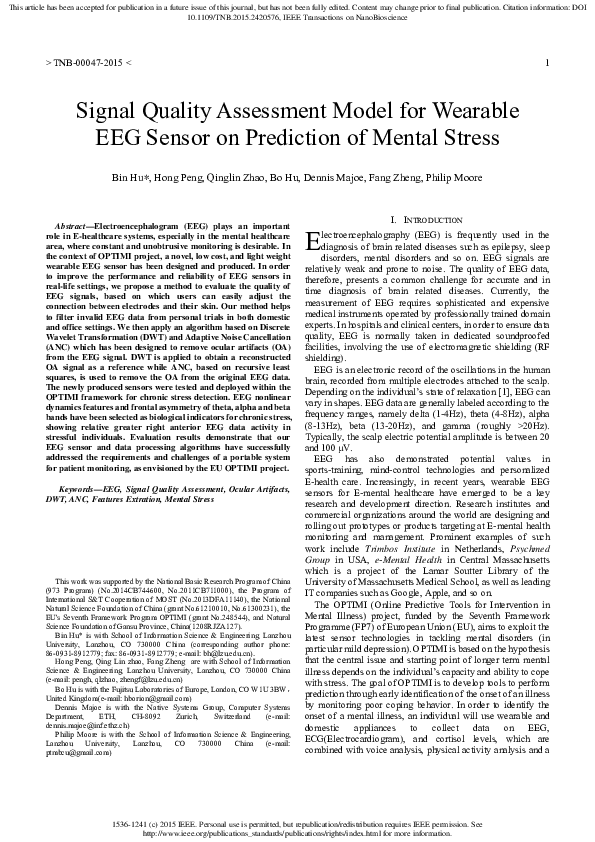 (PDF) Signal Quality Assessment Model for Wearable EEG Sensor on ...