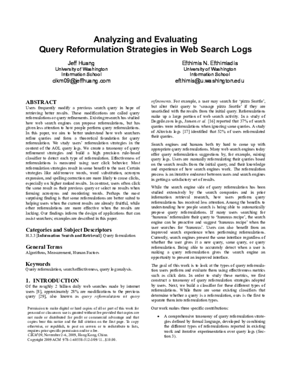 (PDF) Analyzing and Evaluating Query Reformulation Strategies In Web Search Logs