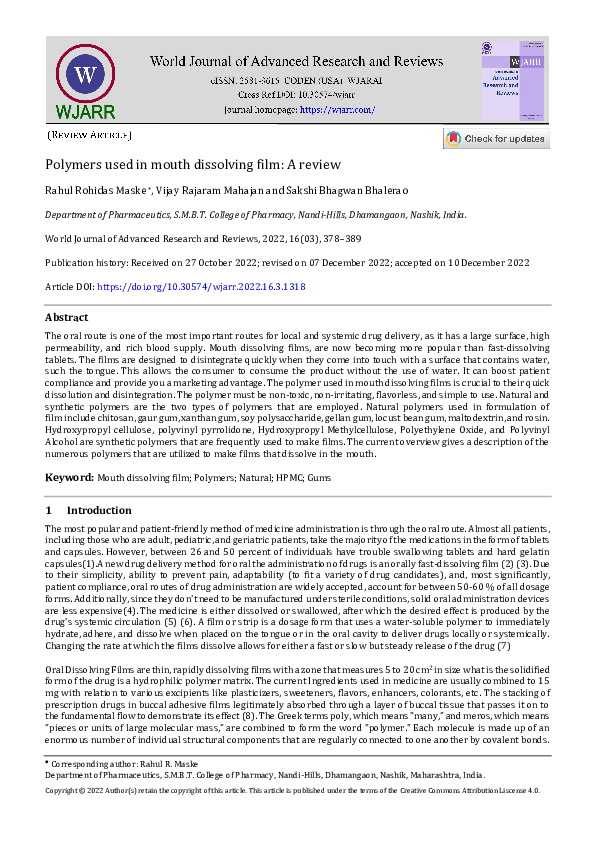 (PDF) Polymers used in mouth dissolving film: A review