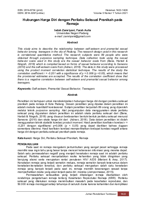 (PDF) Hubungan Harga Diri dengan Perilaku Seksual Pranikah Pada Remaja