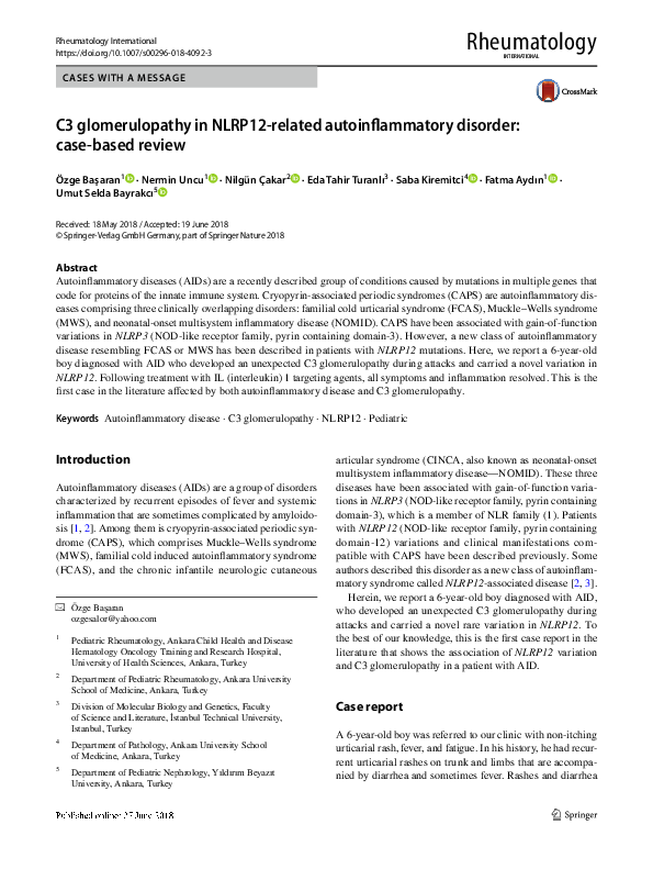 (PDF) C3 glomerulopathy in NLRP12-related autoinflammatory disorder ...