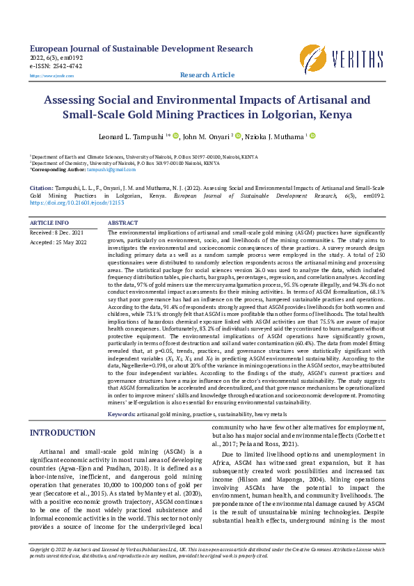 (PDF) Assessing Social and Environmental Impacts of Artisanal and Small-Scale Gold Mining ...
