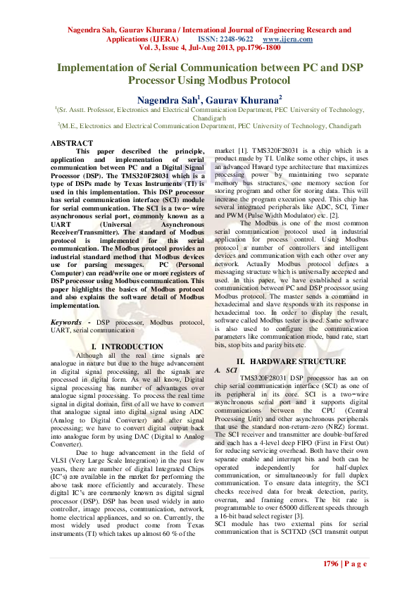 (PDF) Implementation of Serial Communication between PC and DSP Processor Using Modbus Protocol