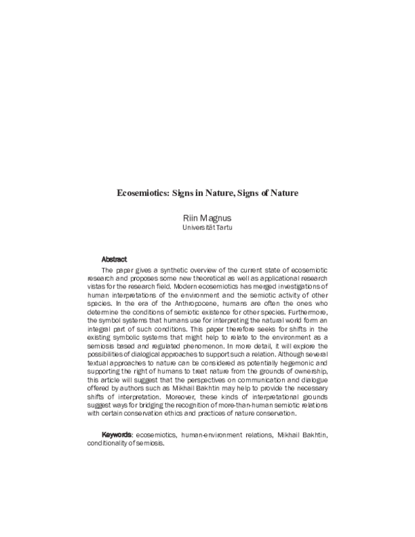 (PDF) Ecosemiotics: Signs in Nature, Signs of Nature