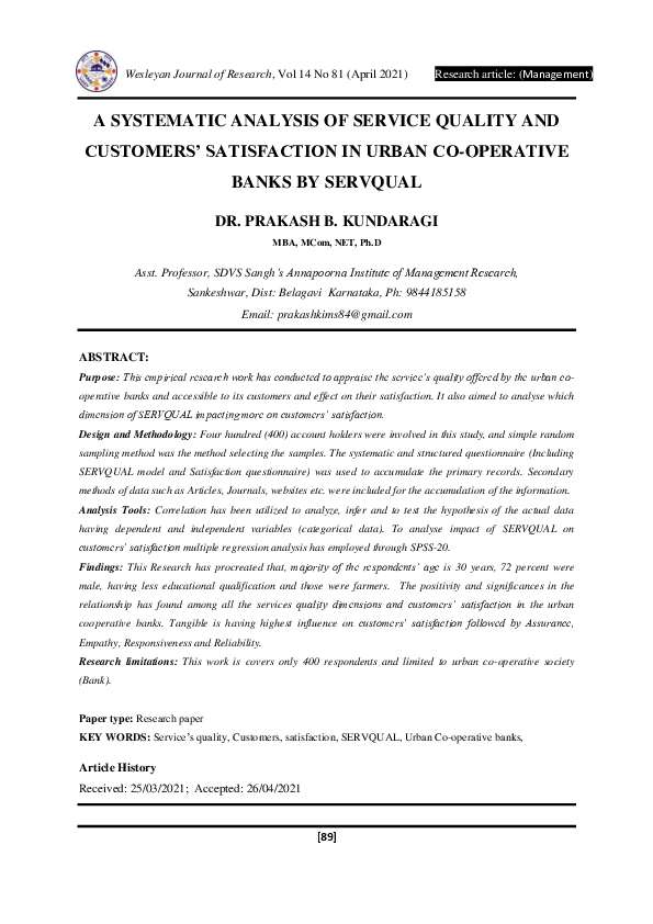 (PDF) A SYSTEMATIC ANALYSIS OF SERVICE QUALITY AND CUSTOMERS' SATISFACTION IN URBAN CO-OPERATIVE ...