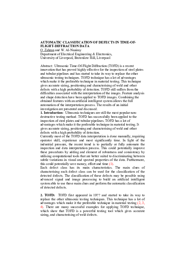 Pdf Automatic Classification Of Defects In Time Of Flight Diffraction