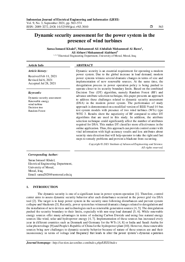 (PDF) Dynamic security assessment for the power system in the presence of wind turbines