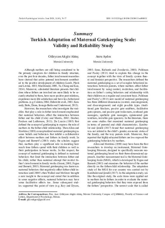 (PDF) Summary Turkish Adaptation of Maternal Gatekeeping Scale ...