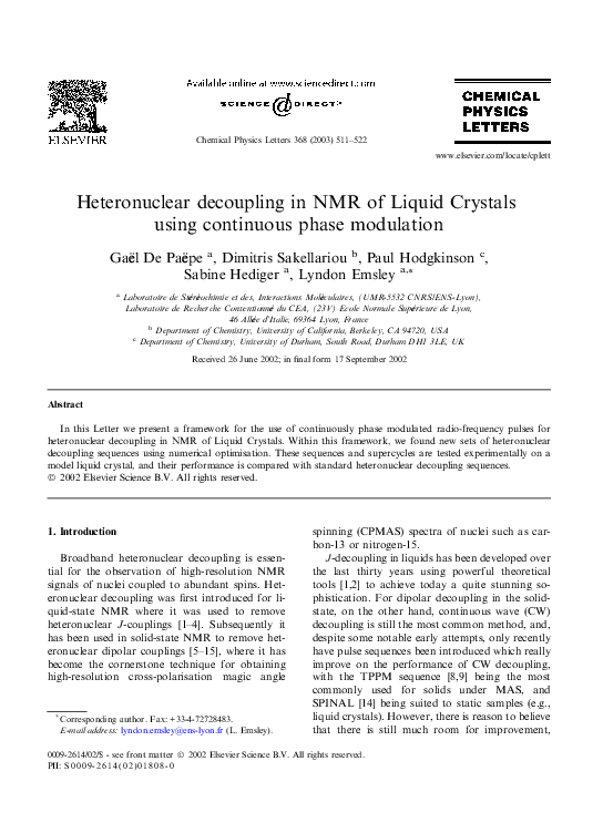(PDF) Heteronuclear decoupling in NMR of Liquid Crystals using ...