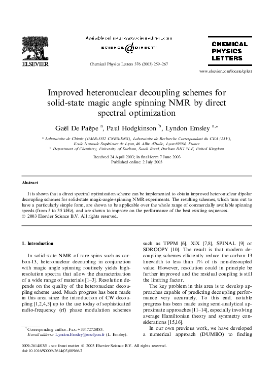(PDF) Improved heteronuclear decoupling schemes for solid-state magic ...