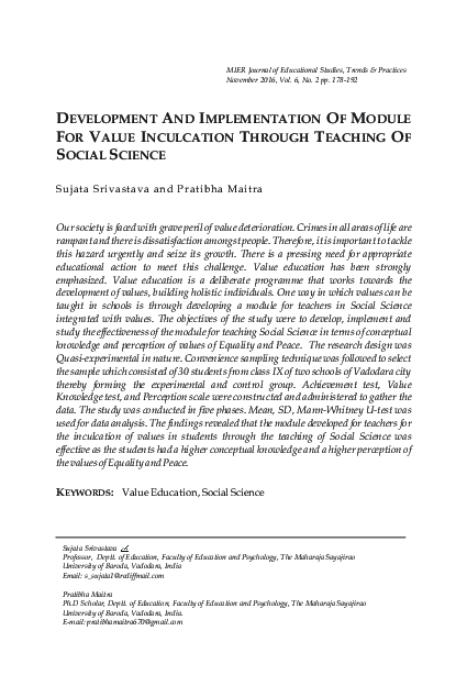(PDF) Development and Implementation of Module for Value Inculcation ...