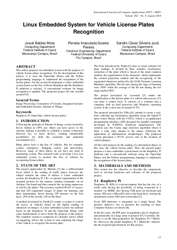 (PDF) Linux Embedded System for Vehicle License Plates Recognition