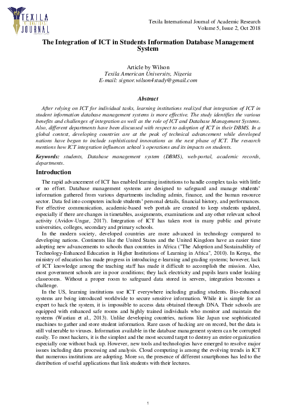 (PDF) The Integration of ICT in Students Information Database ...